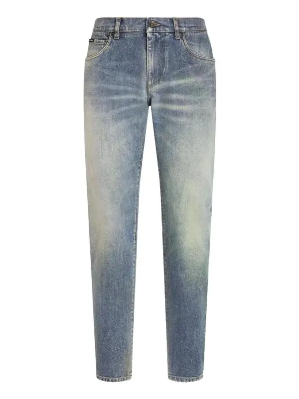 Dolce & Gabbana Slim Fit Logo Plaque Denim Trousers - Blue