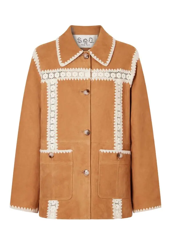 Sea Embroidered Suede Jacket With Crochet Trims - Brown