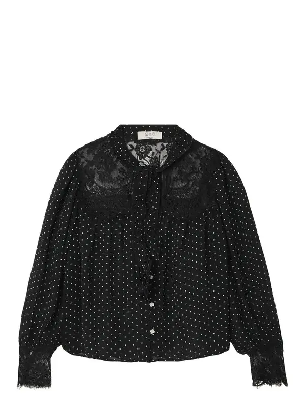 Sea Melody Long-sleeve Blouse With Lace Trim And Ruffles - Black