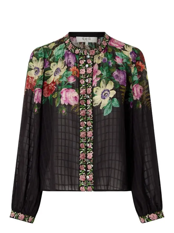 Sea Viktoria Embroidered Floral-print Voile Blouse - Black