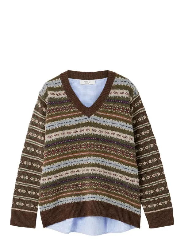 Sea Ciara" Striped Cotton-poplin And Fair Isle Wool Sweater - Multicolor