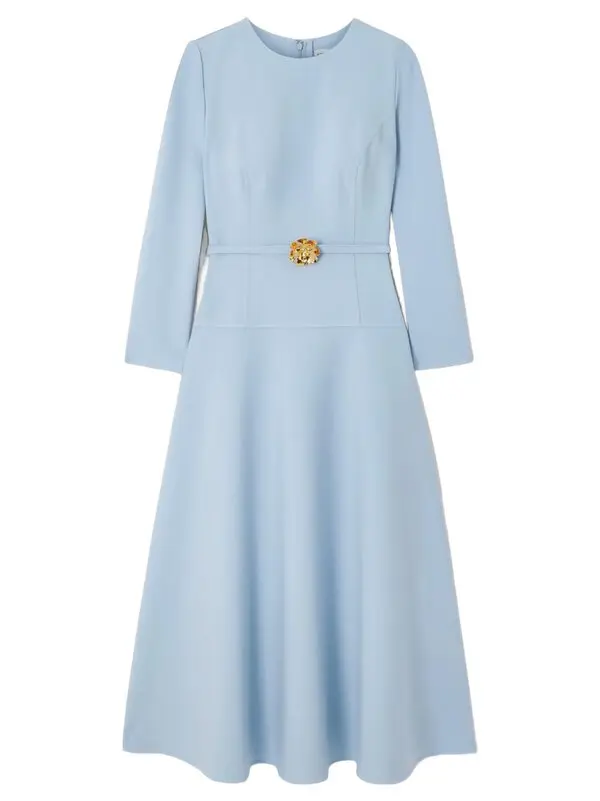Oscar De La Renta Embellished Belted Wool-blend Midi Dress - Blue