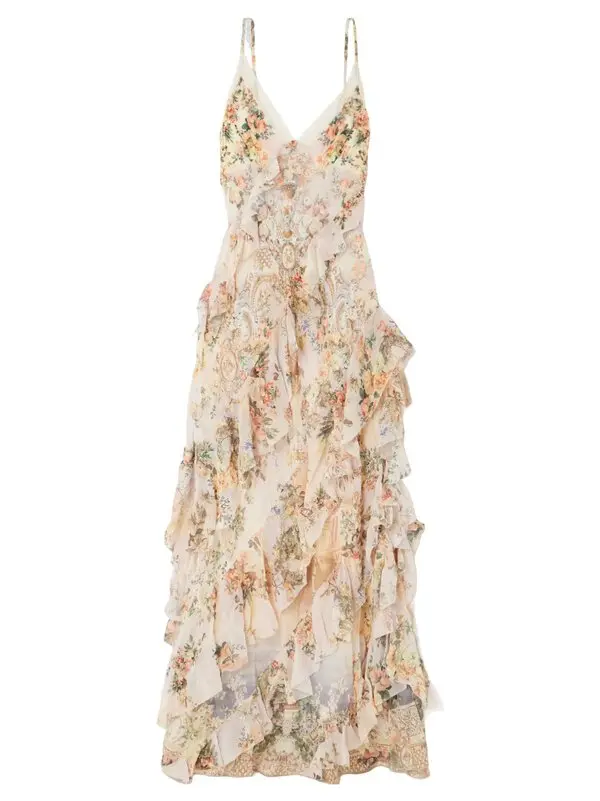 Camilla Lace-trimmed Ruffled Floral-print Silk-chiffon Maxi Dress - No