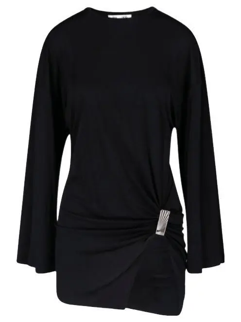 Attico Crew Neck Long Sleeve Ruched Asymmetric Hem Mini Dress - Black