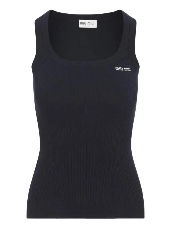 Miu Miu Ribbed Knit Tank Top With Embroidered Logo - Blue