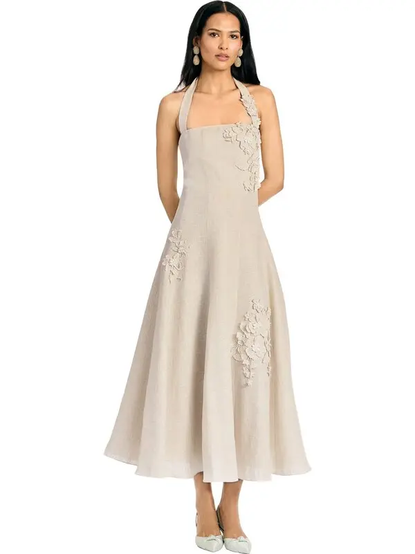 Sachin & Babi Linen Blend Halter A-line Midi Dress - Natural