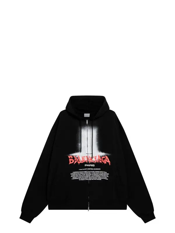 Balenciaga Oversized Cotton Zip Hoodie With Printed Motif - Black
