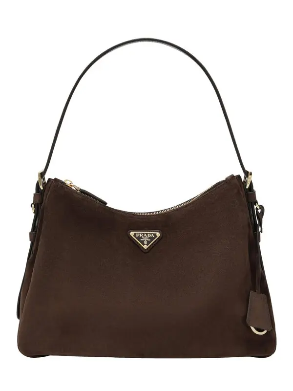 Prada Suede Shoulder Bag With Enamelled Triangle Logo - Brown