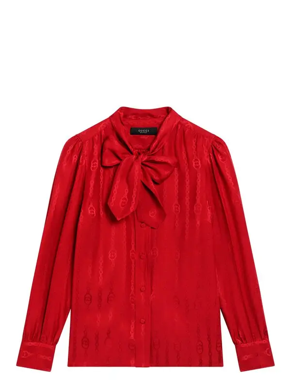 Gucci Silk Jacquard Shirt With Interlocking Gg Chain Motif - Red