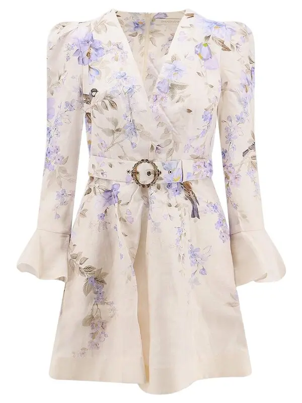 Zimmermann Luna Short Linen Dress With Songbird Print - Blue