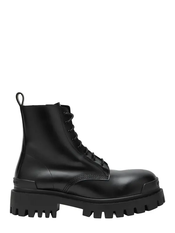 Balenciaga Calfskin Leather Combat Boots With Embossed Logo - Black