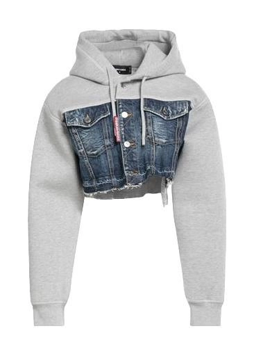 Dsquared2 Cropped Two-tone Cotton Blend Sweatshirt With Denim Overlay - Light Grey