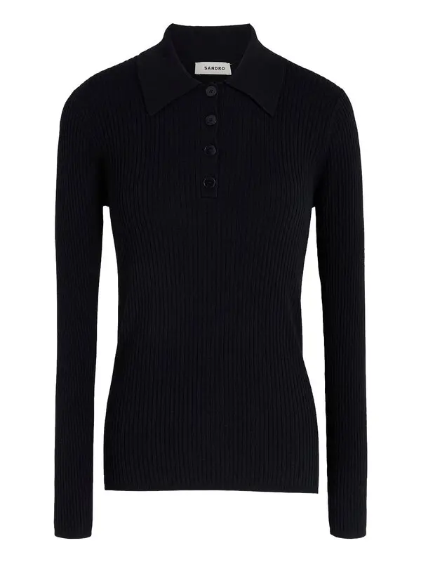 Sandro Ribbed Knit Polo Shirt - Navy