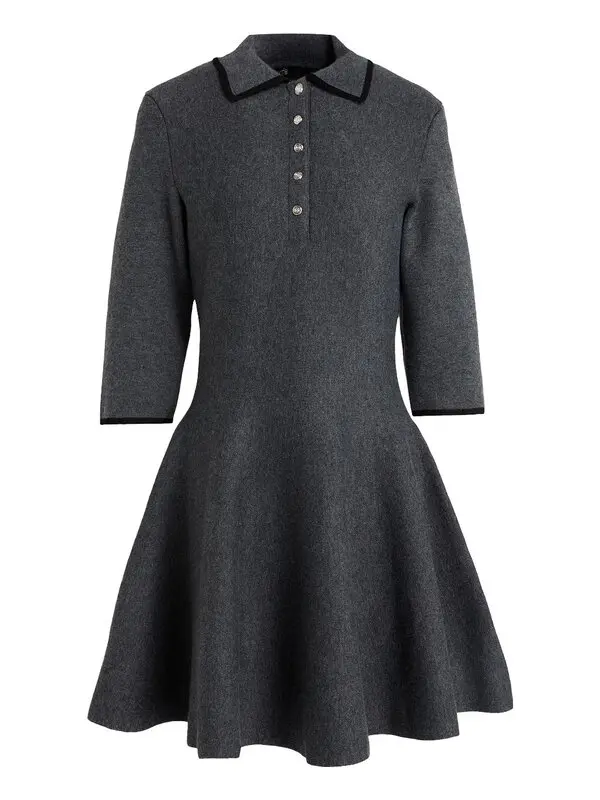 Maje Flared Knitted Mini Dress With Piped Trims - Anthracite