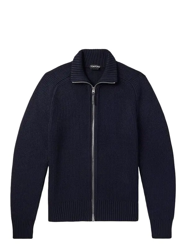 TOM FORD Slim-fit Ribbed Silk And Merino Wool-blend Cardigan - Navy