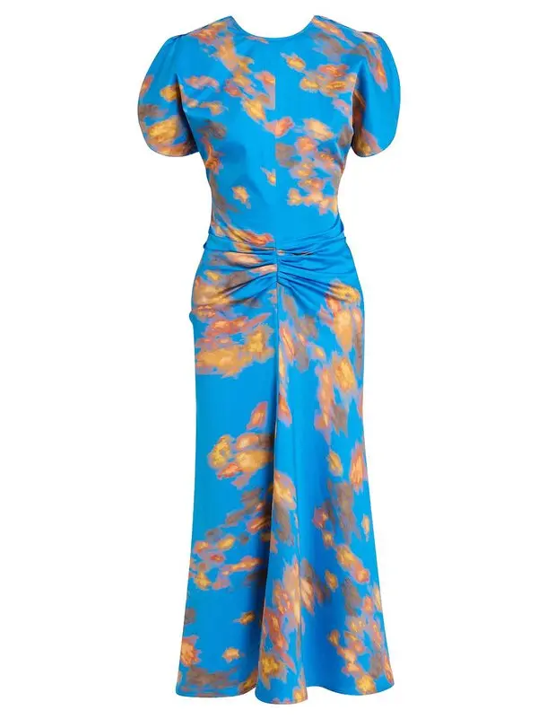 Victoria Beckham Gathered Printed Cotton-poplin Maxi Dress - Azure