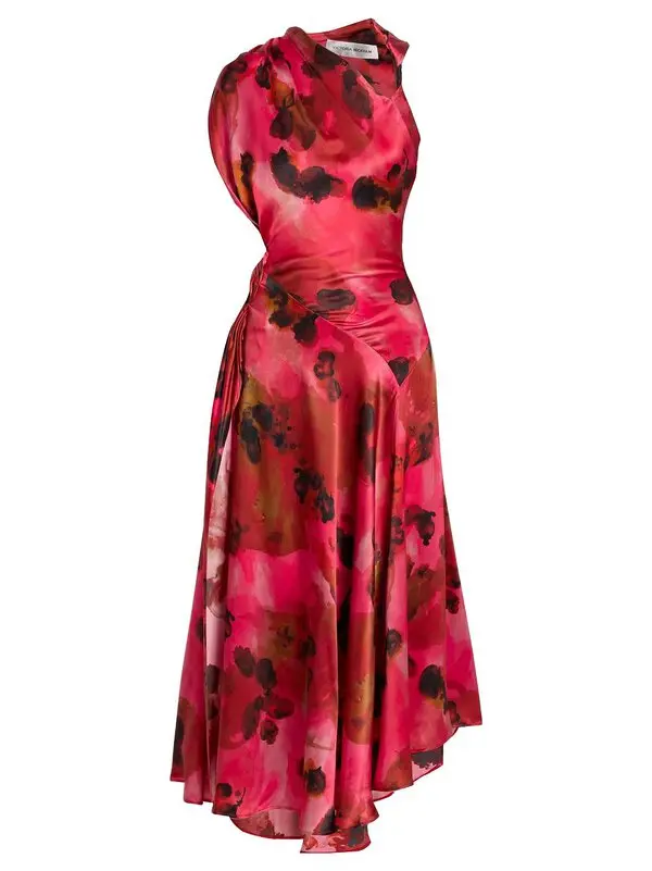 Victoria Beckham Draped Printed Silk-satin Maxi Dress - Fuchsia