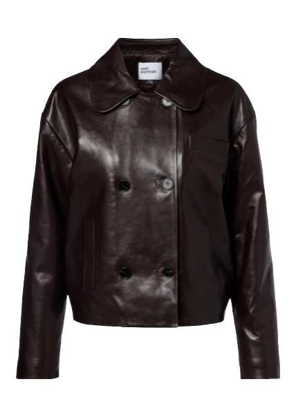SELF-PORTRAIT Cropped Double-breasted Leather Jacket - Brown
