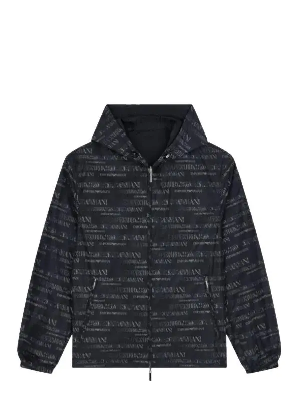 Emporio Armani Hooded Blouson Jacket With All-over Print - Blue