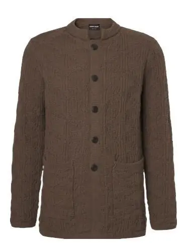 Giorgio Armani Ribbed-knit Cotton-blend Cardigan With Diamond Stitch Detailing - Brown