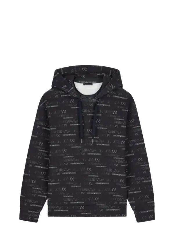 Emporio Armani Double Jersey All-over Logo Print Hoodie - Blue