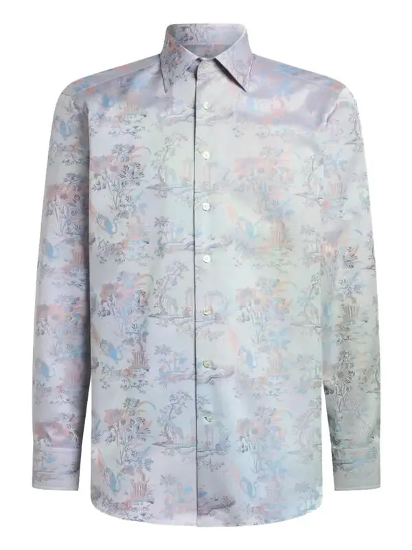 Etro Cotton Jacquard Shirt With Flower And Animal Motif - Blue