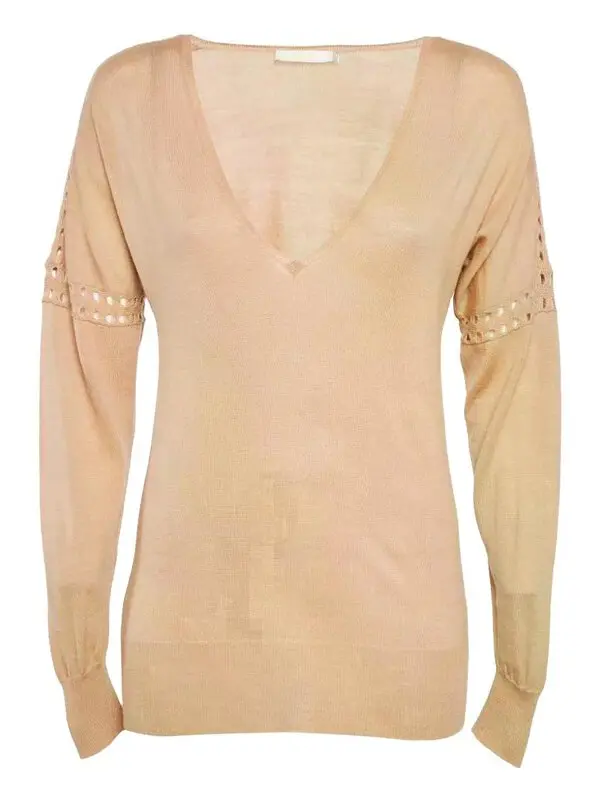 Chloé Wool V-neck Sweater With Eyelet Detailing - Neutrals