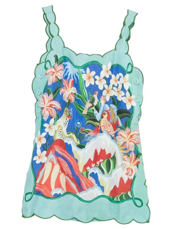 Farm Rio Scalloped Trim Graphic Print Mini Dress - Blue