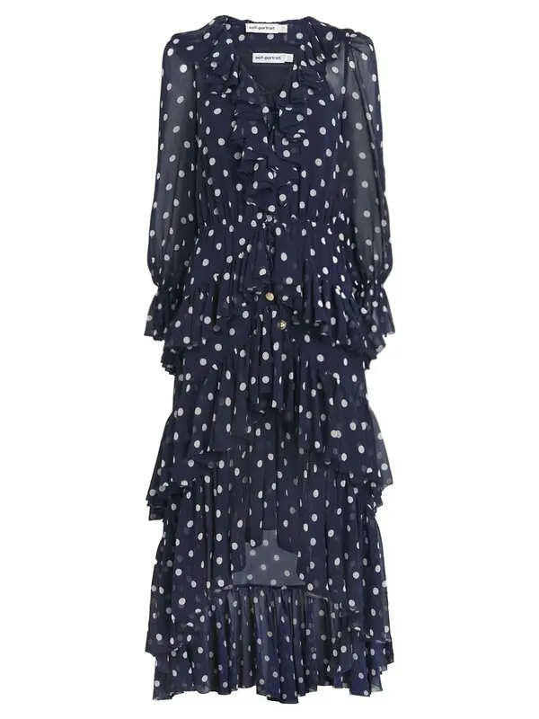 SELF-PORTRAIT Tiered Polka-dot Midi Dress - Navy