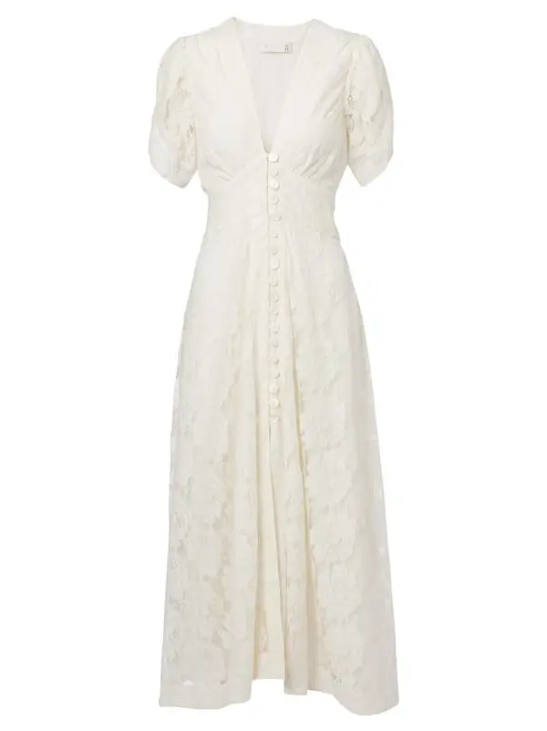 Rixo V-neck Floral Lace Maxi Dress With Button Front And Back Tie - White
