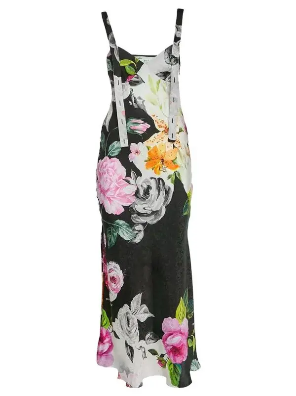 Off-White Floral Print Strappy Silk Midi Dress - Black