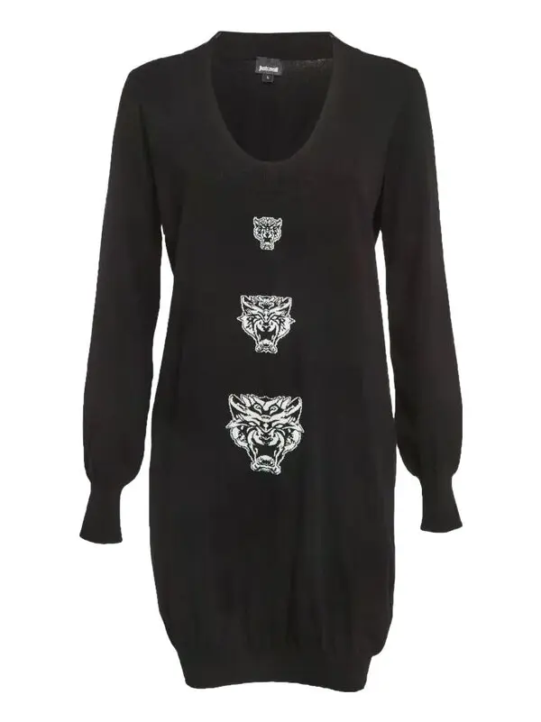 Just Cavalli Logo Intarsia Knit Mini Sweater Dress - Black