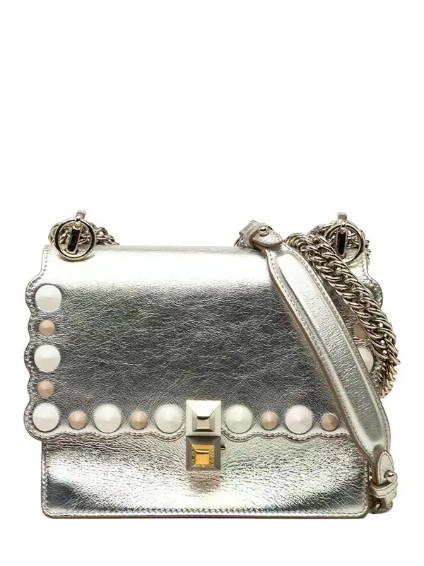 Fendi Mini Kan I Scalloped Metallic Leather Crossbody Bag With Pearl Embellishments - Silver