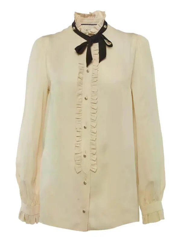 Gucci Silk Ruffle Trim Neck Tie Shirt - Neutrals