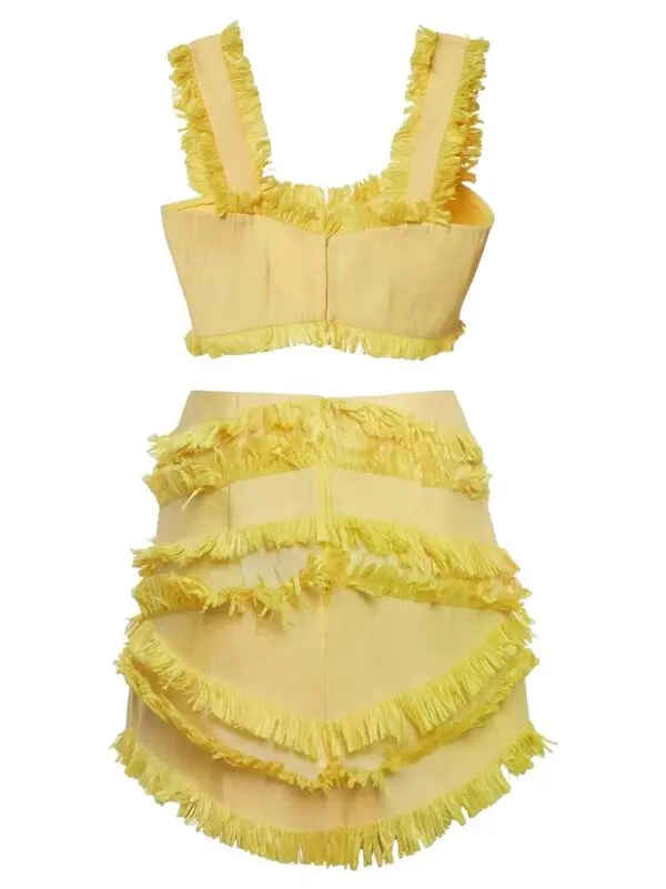 Alexis Fringed Raffia-effect Top And Skirt Set - Yellow
