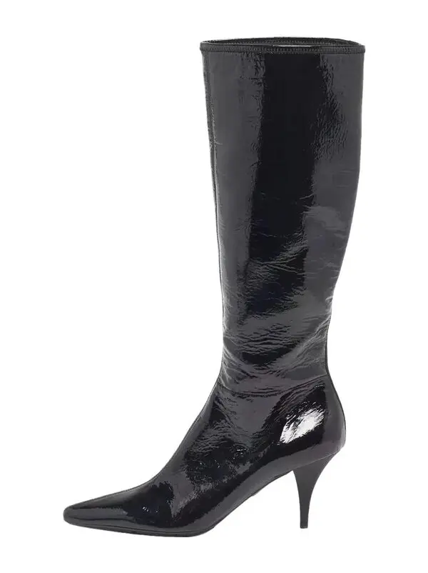 Prada Patent Leather Pointed Toe Stiletto Boots - Black