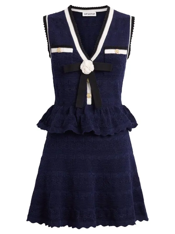 SELF-PORTRAIT Knitted Pointelle Mini Dress With Crochet And Bow Detail - Navy
