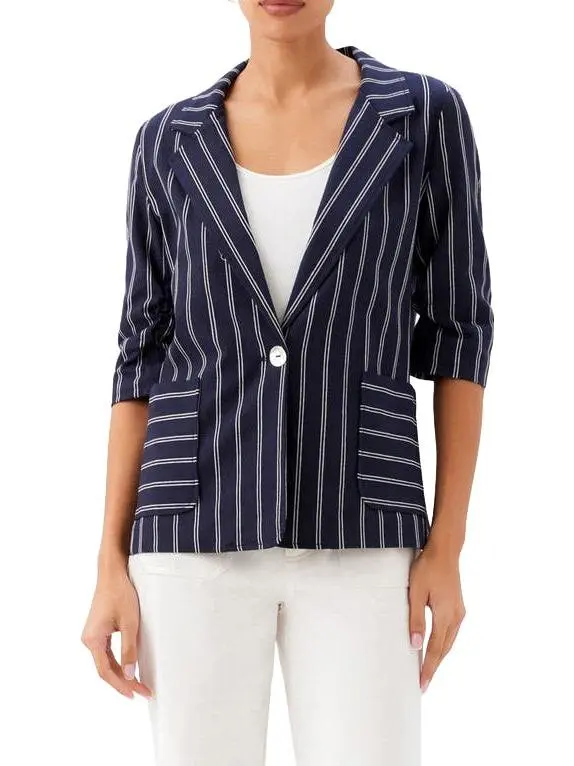 Karen Kane Stripe Ruched Sleeve Stretch Cotton Jacket - Navy