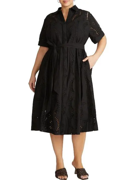 Universal Standard Eyelet Tie Waist Poplin Shirtdress - Black