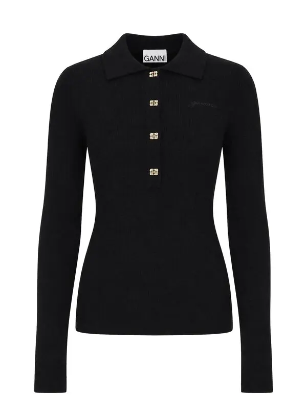GANNI Wool Knit Polo Shirt - Black