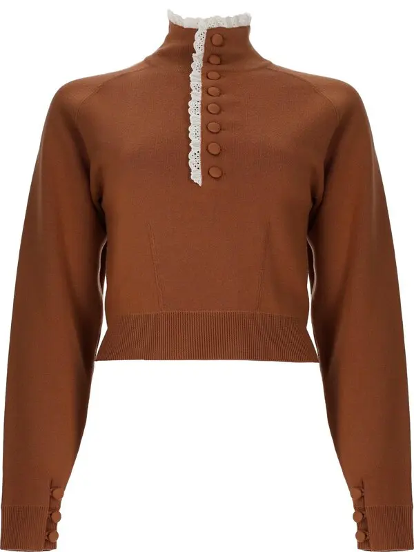 Chloé High Neck Wool And Lace Pullover - Brown