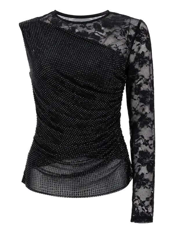 SELF-PORTRAIT Embellished One-shoulder Lace Top - Black