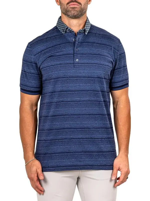 MACEOO Marthyr Stripe Contrast Collar Cotton Polo - Blue
