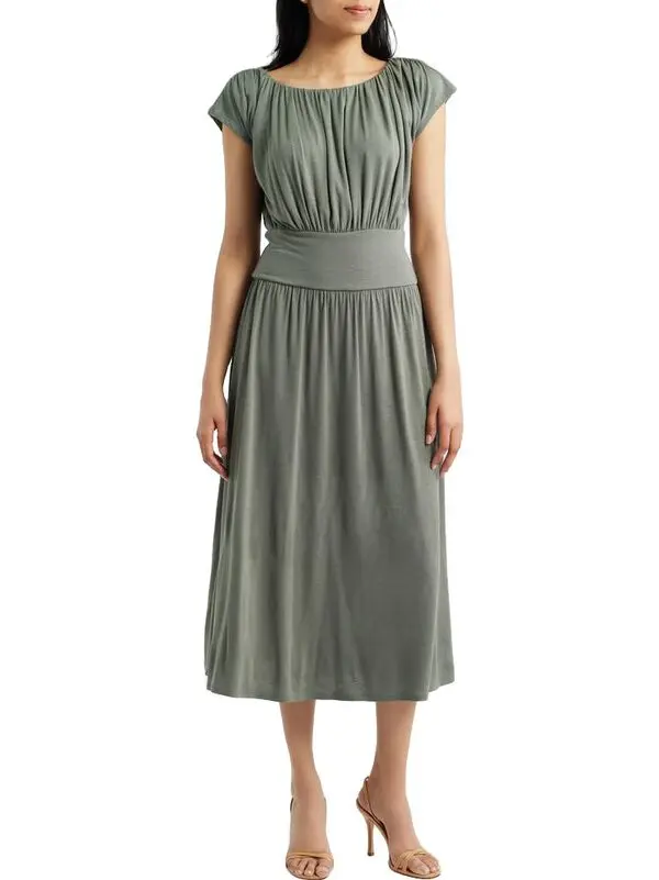 Loveappella Cap Sleeve Ruched Midi Dress - Olive