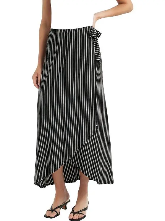 Loveappella Stripe Faux Wrap Knit Midi Skirt - Black