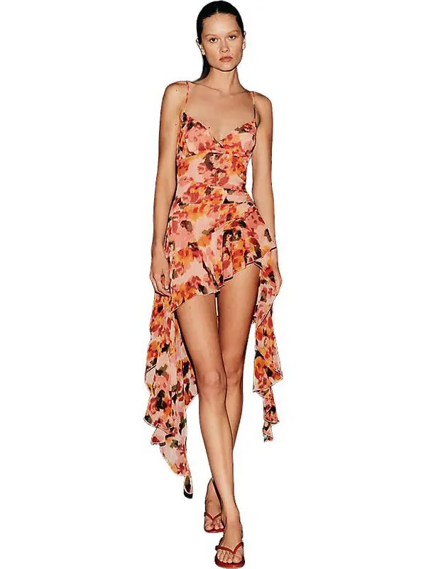 Bardot Doja Asymmetrical Floral Print V-neck Dress - Pink Floral