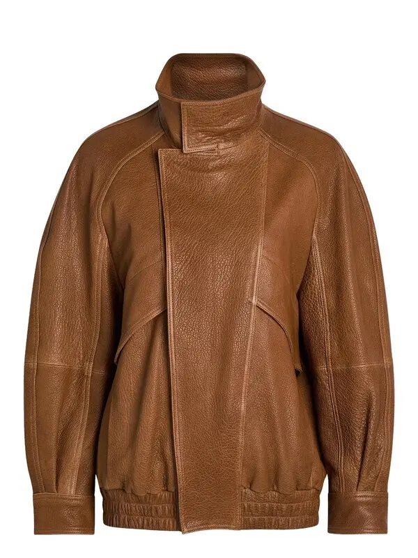 Nour Hammour Panelled Grained Leather Bomber Jacket - Brown