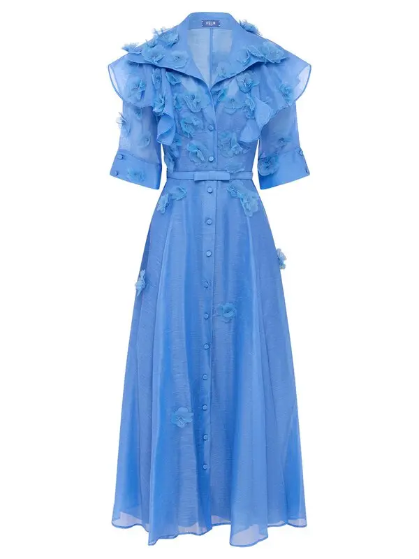 LEO LIN Anya Petal-embellished Linen-silk Midi Dress - Blue