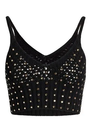 FORTE_FORTE Cotton Appliquéd Crochet Knit Cropped Top - Black