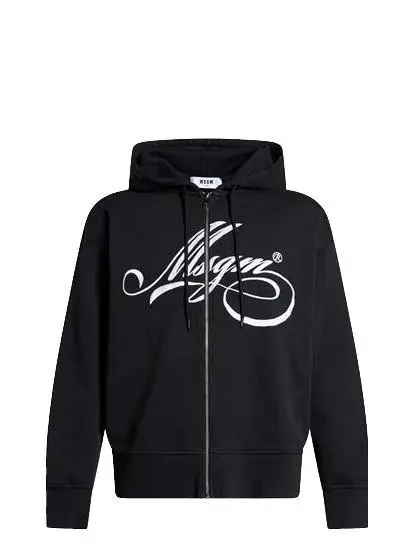 MSGM Cotton Zip-up Hoodie With Appliqués - Black